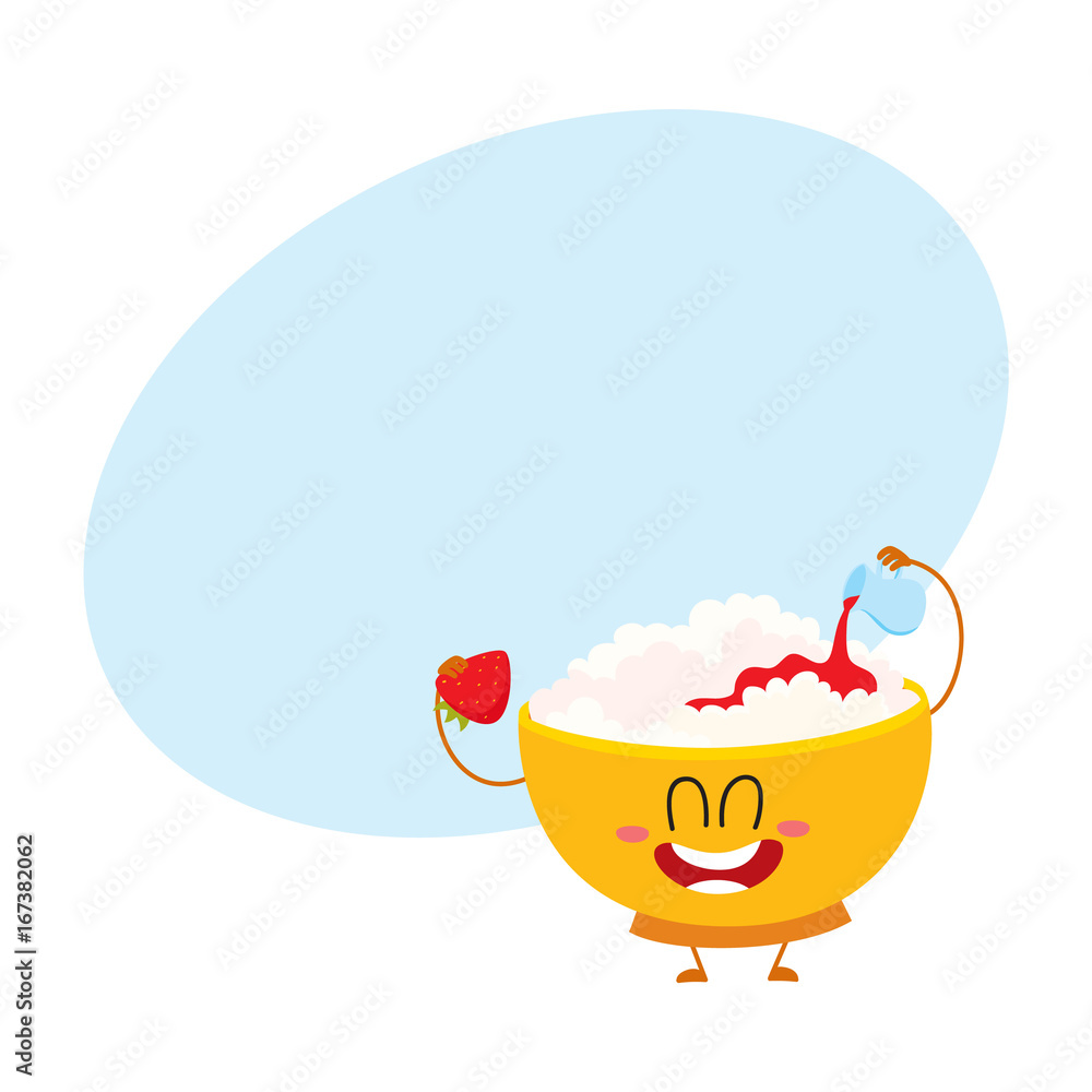 Funny smiling bowl of cottage cheese character pouring strawberry jam ...