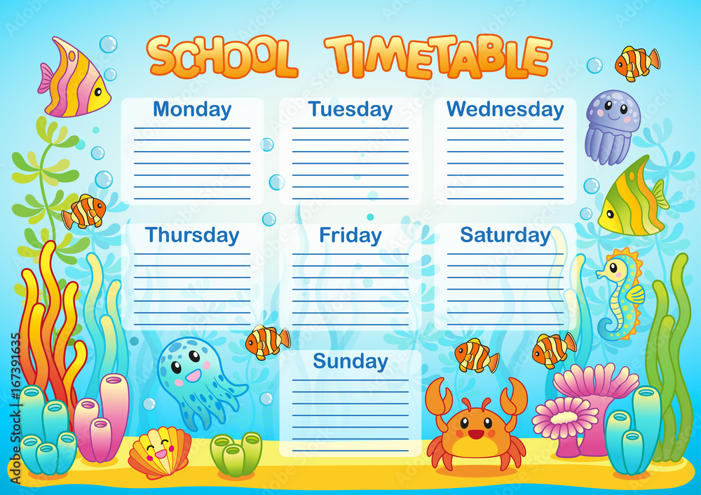 Design of the school timetable for kids. Bright underwater background ...