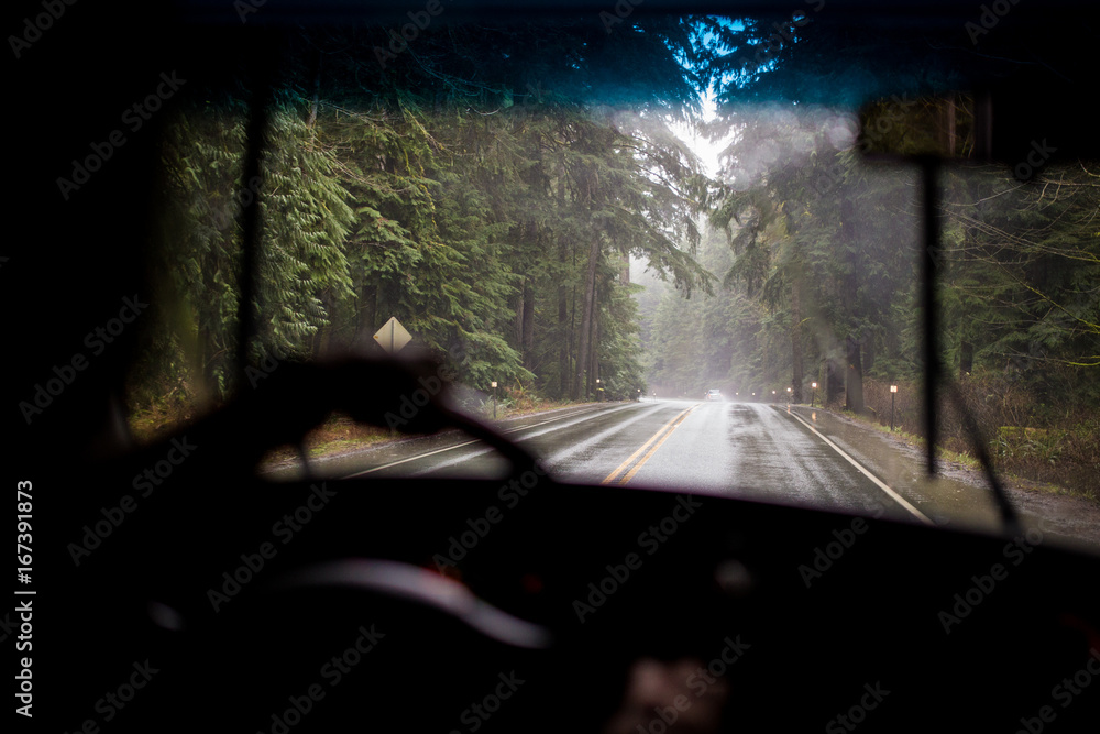 Driving down a rainforest road in the rain from inside of vehicle Stock ...
