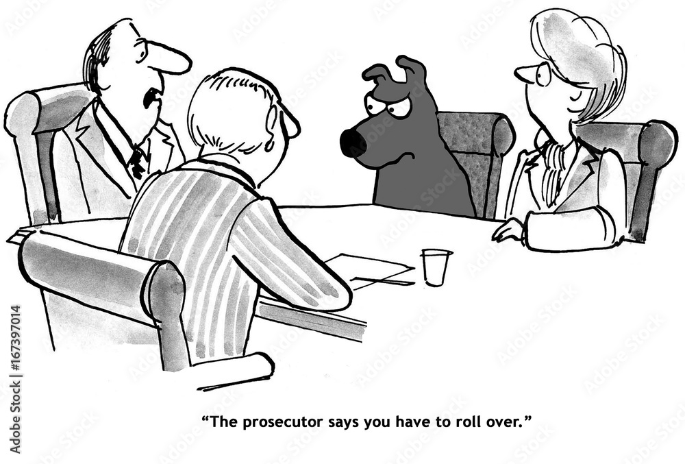 Legal cartoon about a dog who gets off if it 'rolls over'. Stock ...