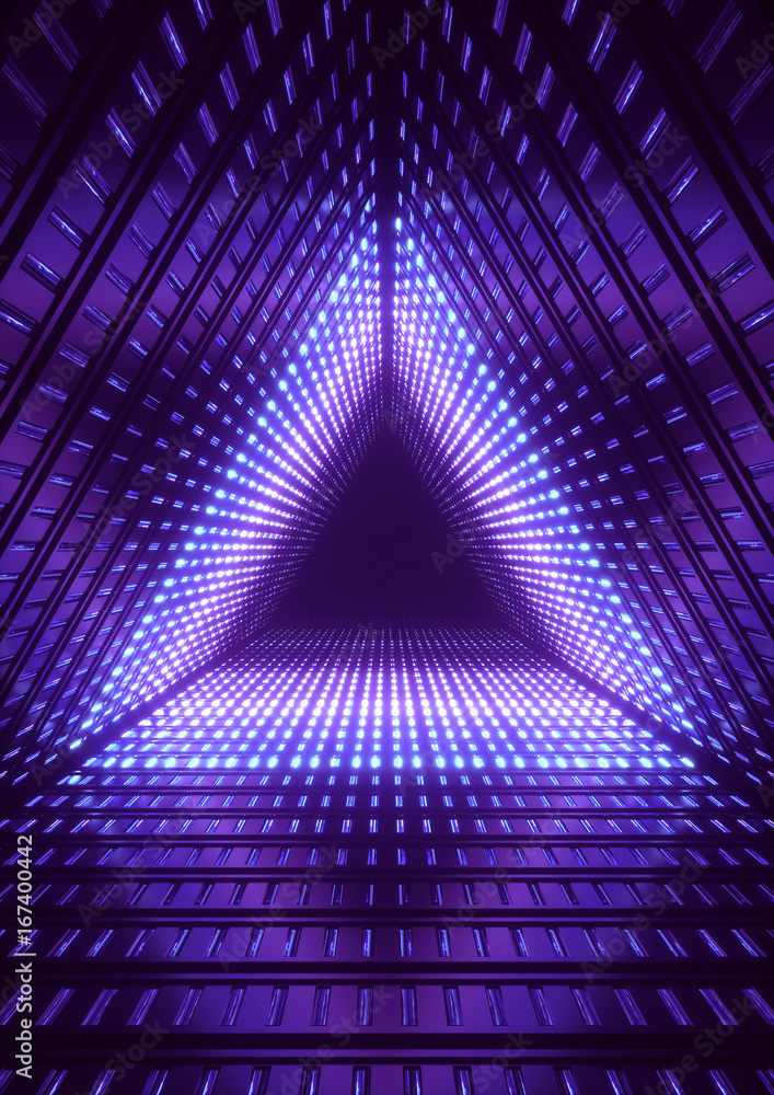 3d render, blue neon lights, blue triangle tunnel, abstract geometric ...