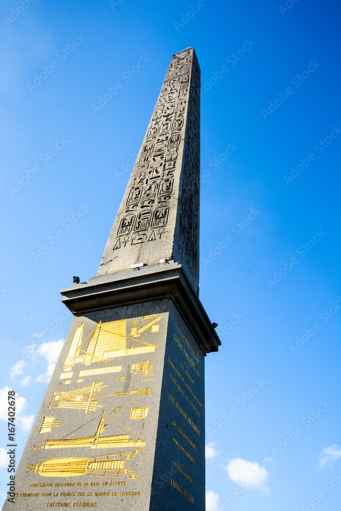 Low angle view of the obelisk of Luxor in the Concorde square in Paris ...