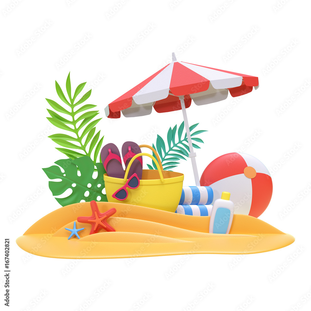 3d render, decorative paper craft, beach picnic bag, tropical leaves ...