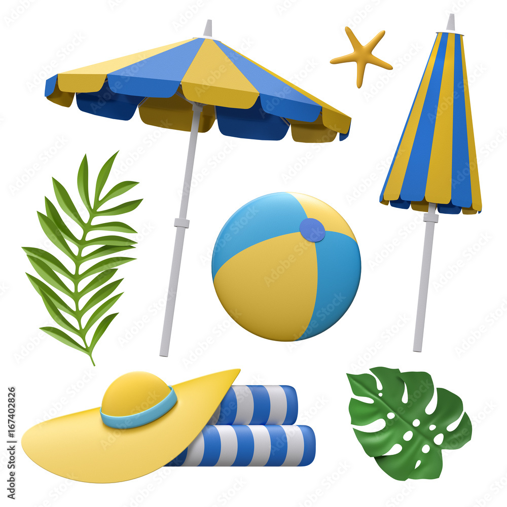3d render, decorative paper craft, beach umbrella, hat, ball, vacation ...