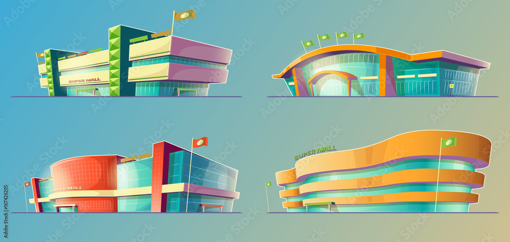 Set of vector cartoon illustrations, various supermarket buildings ...
