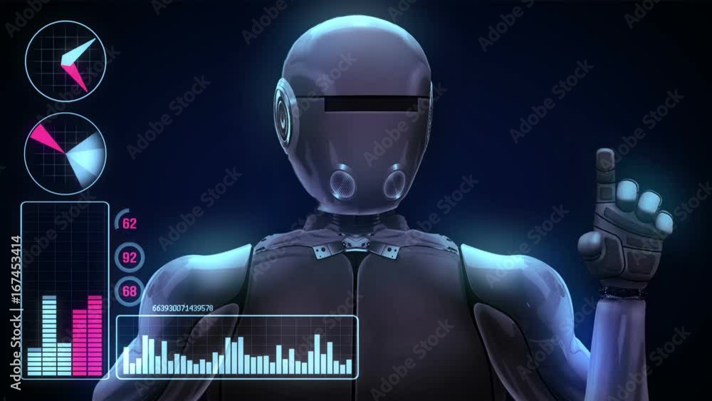 Robot includes a futuristic user interface with the word assessment. 3d ...