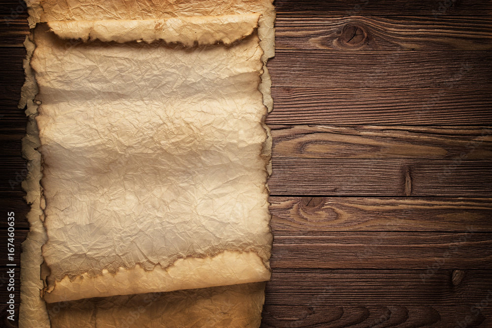 Old paper on a table, background of ancient scrolls and plank Stock ...