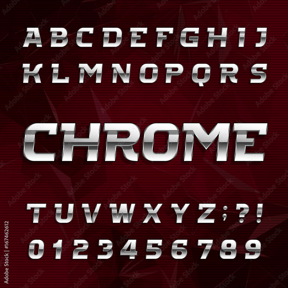 Chrome alphabet font. Metallic effect oblique letters and numbers on an ...