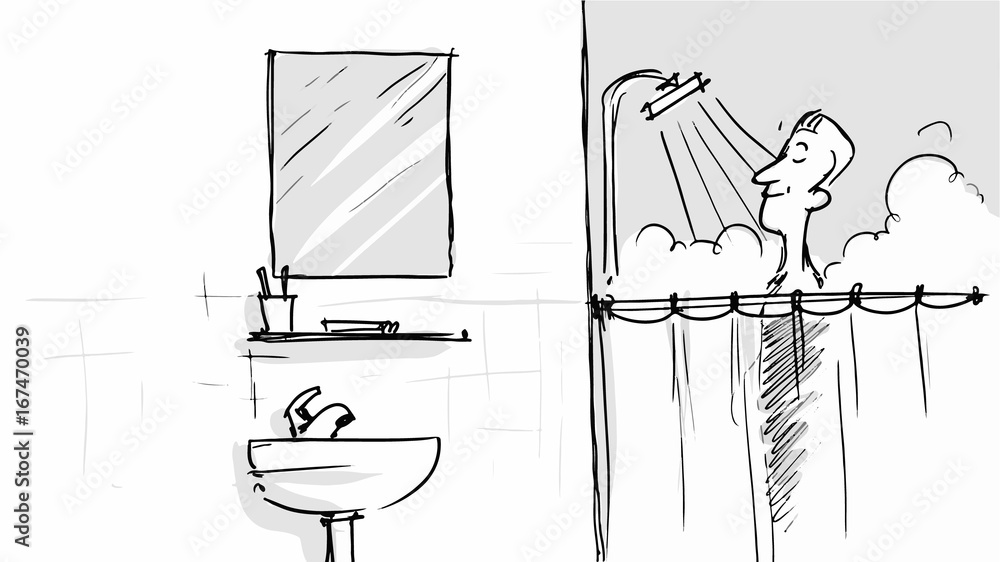 Man taking a shower in the bathroom Vector for cartoon, storyboard ...