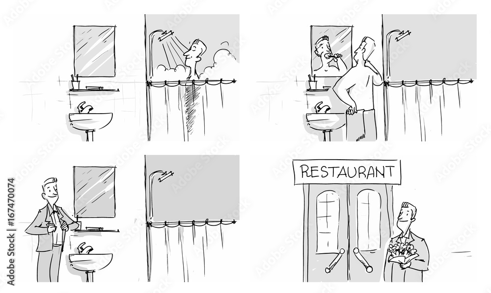 Vector storyboard man getting ready for a date cartoon sketch set Stock ...