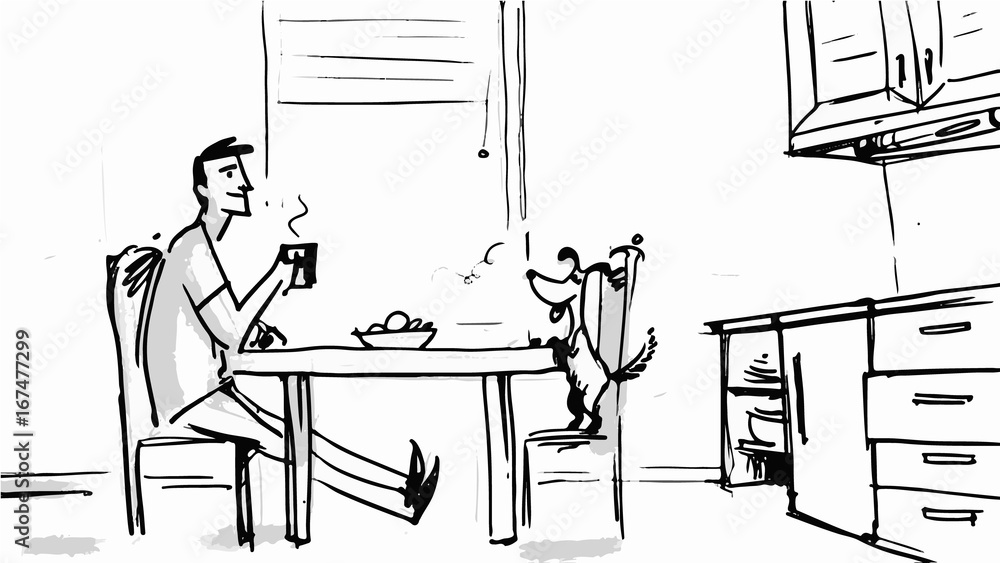 Man taking breakfast in the kitchen Vector sketch for storyboard ...