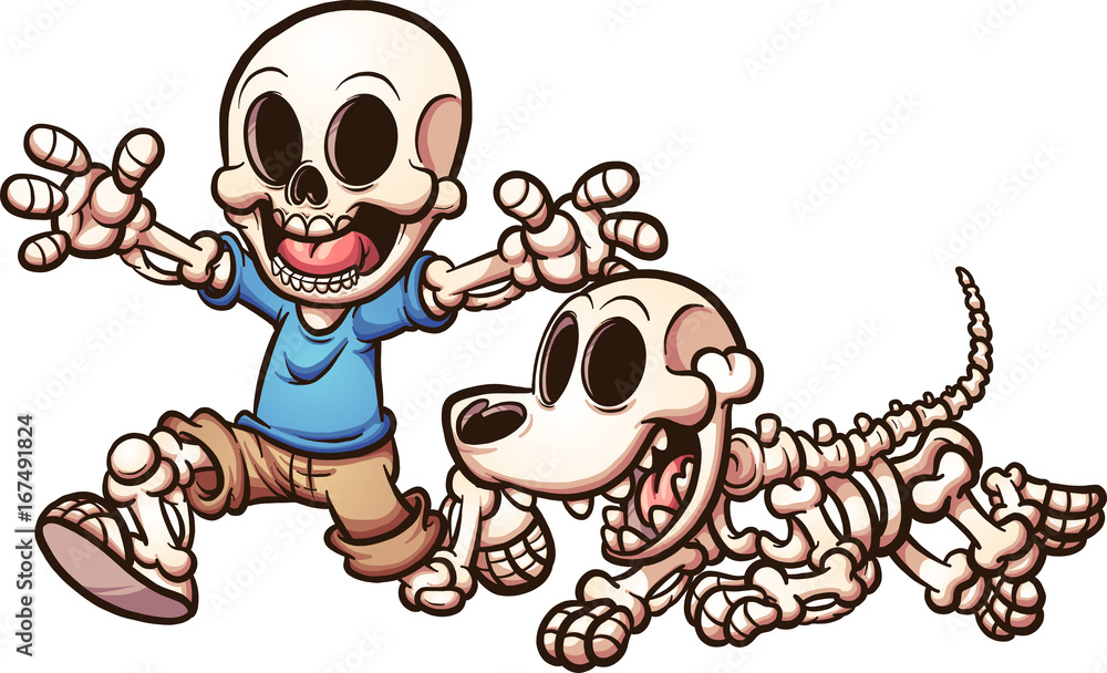 Cartoon skeleton boy and skeleton dog. Vector clip art illustration ...