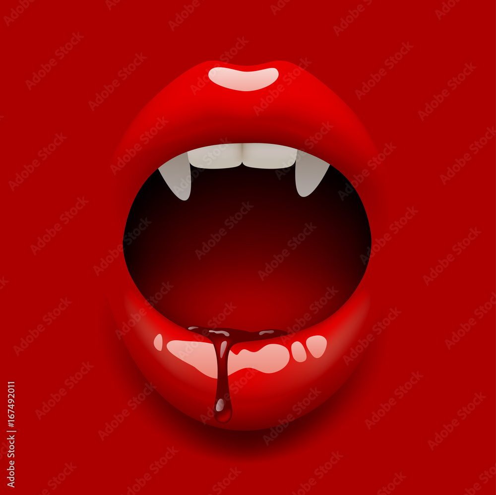 Woman's vampire open mouth with glossy sexy lips and blood on red Stock ...