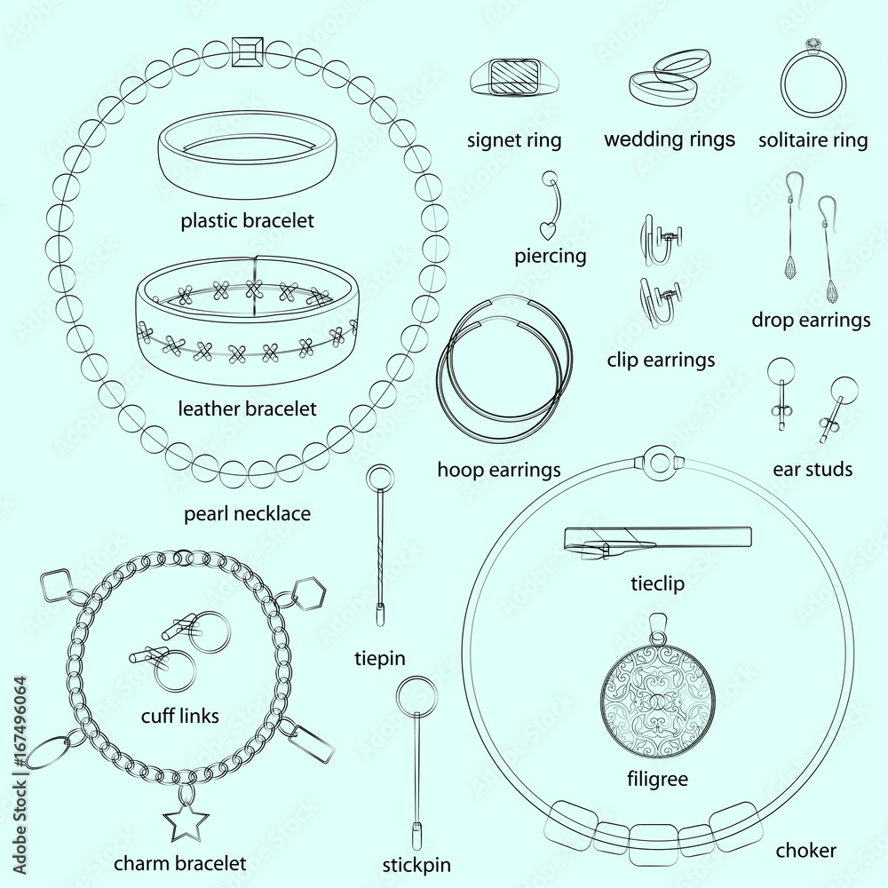 Set of jewelry illustrations. Blue background, black outline, names ...