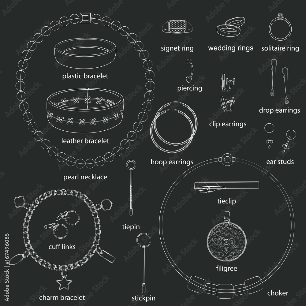 Set of jewelry illustrations. Black background, white outline, names ...