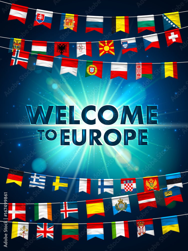 Colorful flags of different countries of the europe on shining blue ...