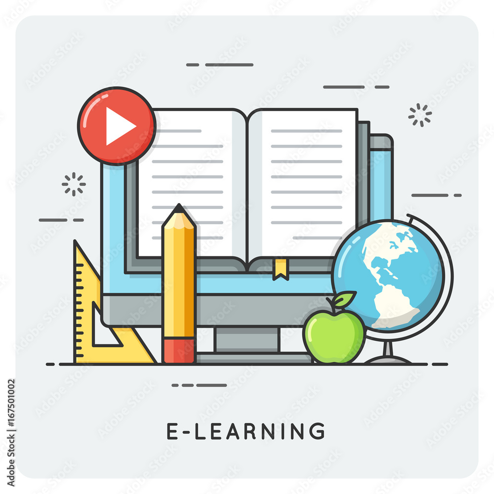 E-learning, online education. Flat line art style concept. Vector ...