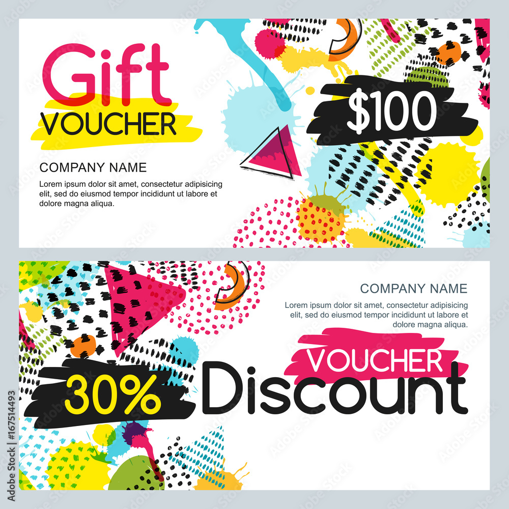 Vector gift card and discount voucher template with doodle texture and ...