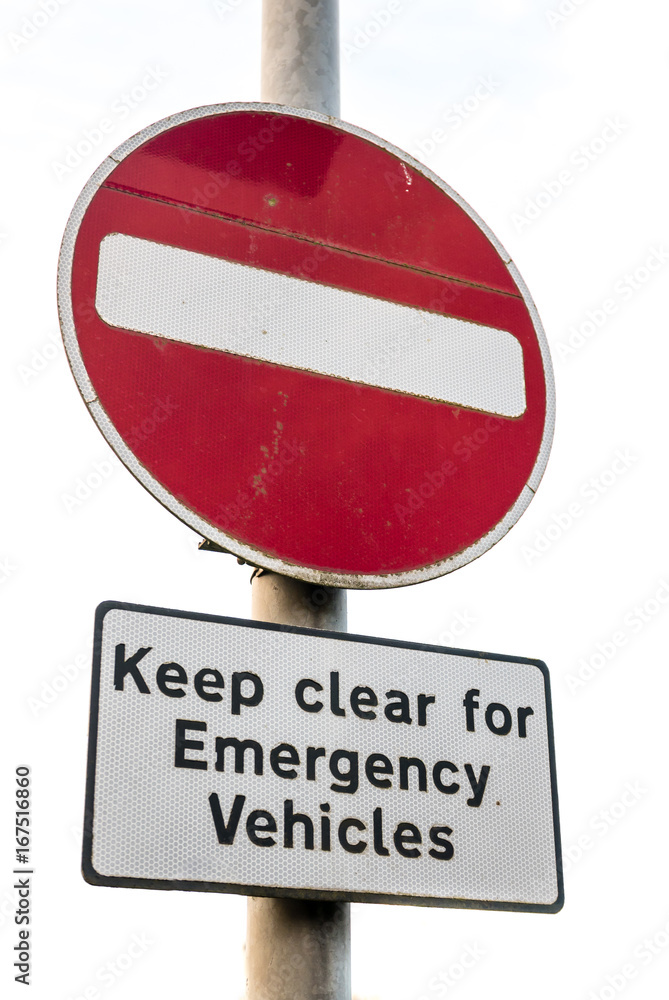 No entry road sign warning motorists to keep clear for emergency ...