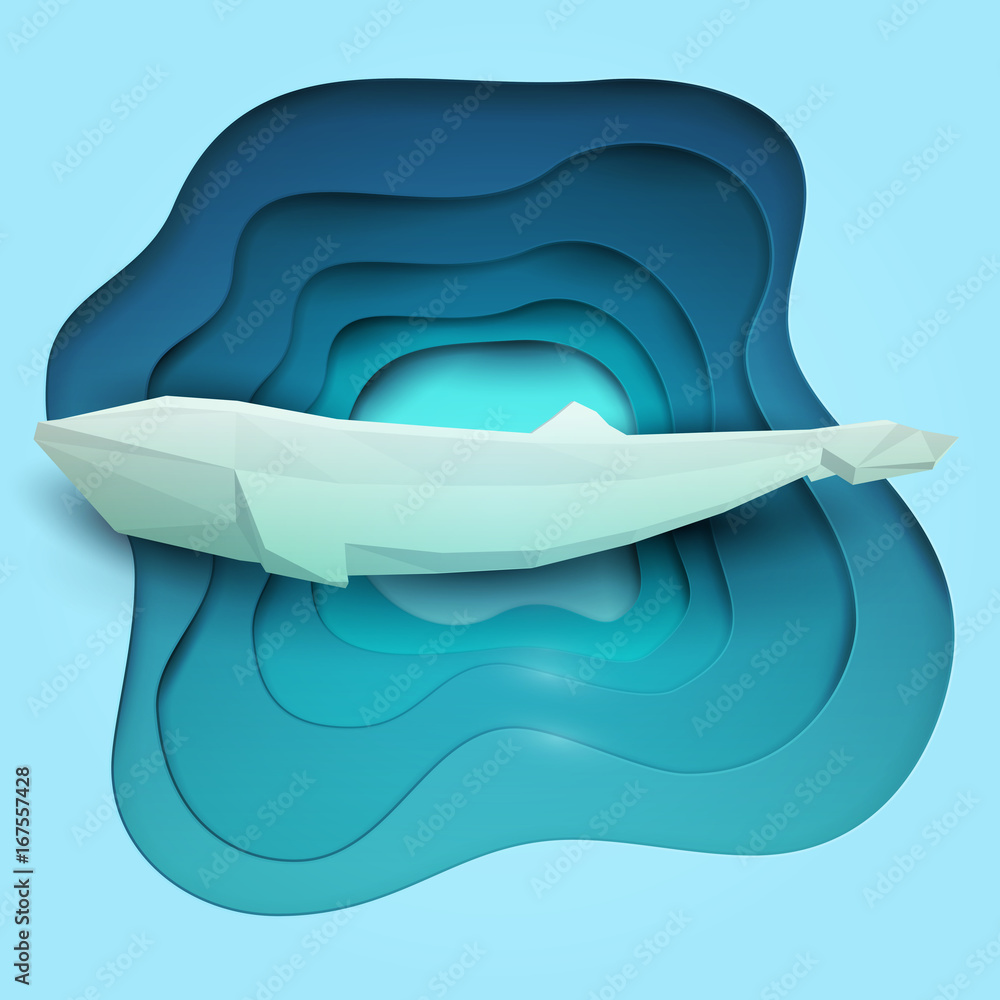 Paper cut cartoon whale on water in polygonal trendy craft style ...