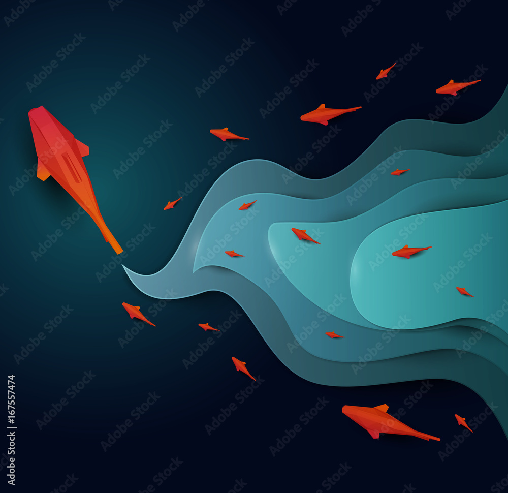 Paper cut cartoon red fish on water in polygonal trendy craft style ...
