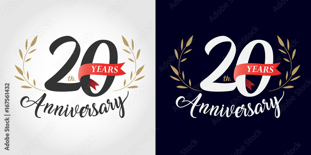 20 years anniversary number hand lettering and golden laurel wreath ...