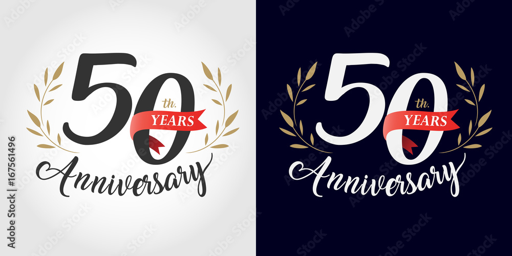 50 years anniversary number hand lettering and golden laurel wreath ...