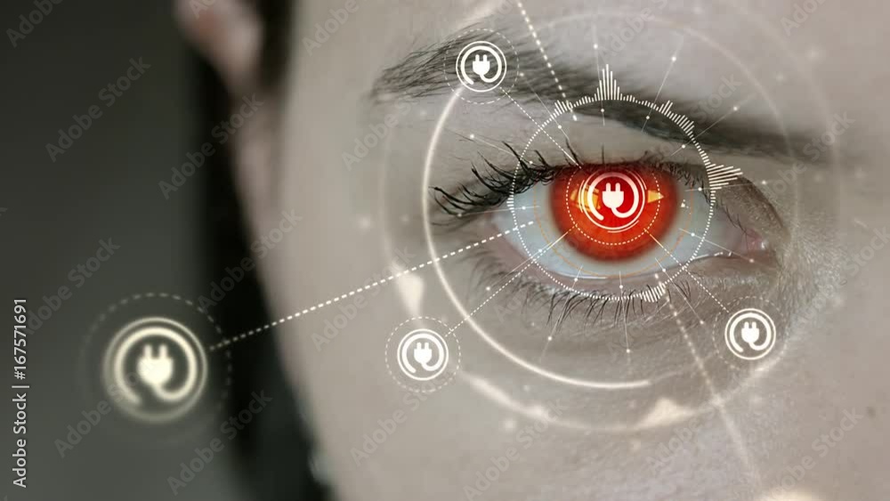 Young cyborg female blinks then electric plug symbols appears. 4K+ 3D ...