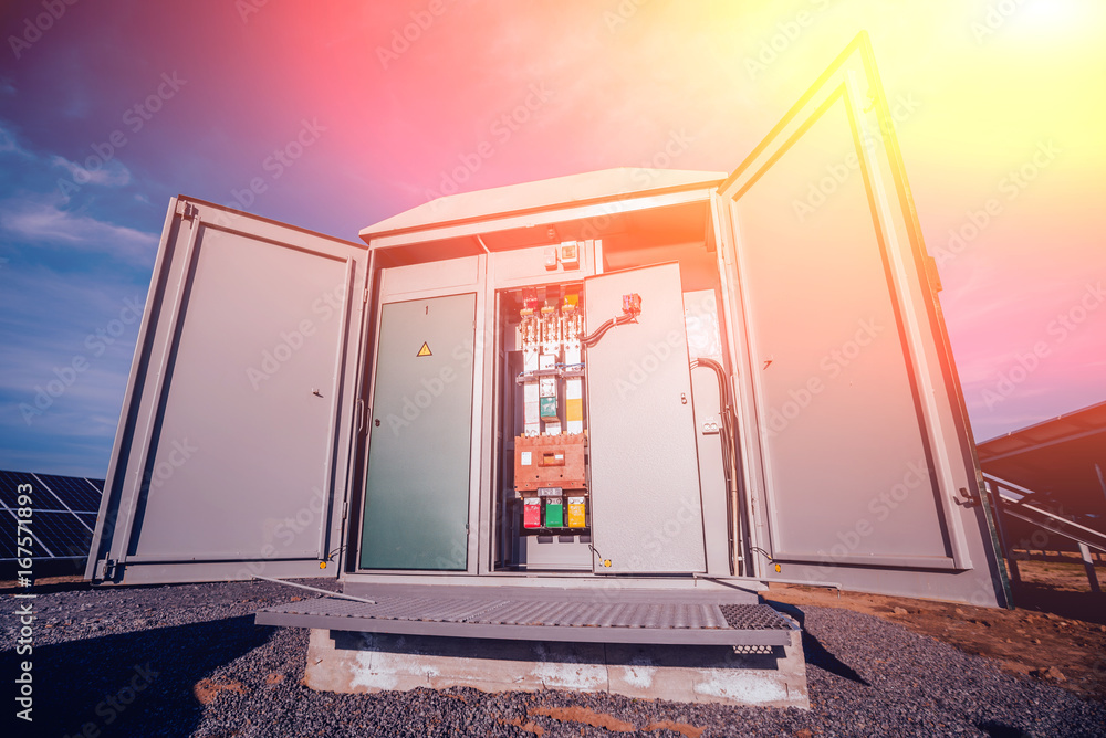 Inverter and store energy building. Solar cell park Stock Photo | Adobe ...