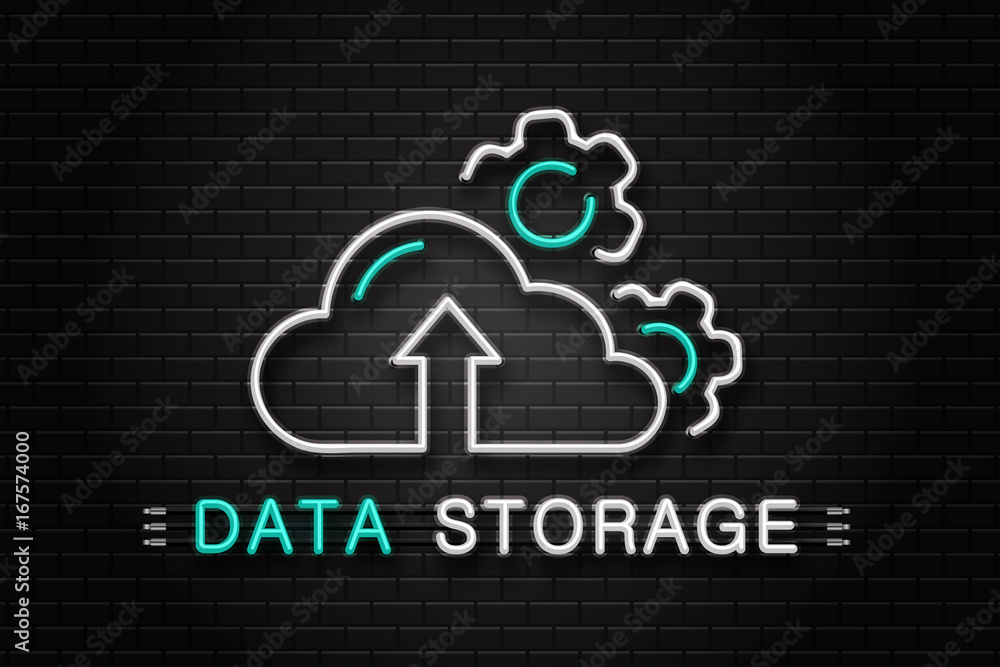 Vector isolated neon sign of data cloud and cogwheels for decoration on ...