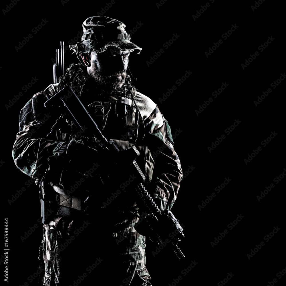 Bearded Special forces United States in Camouflage Uniforms studio shot ...