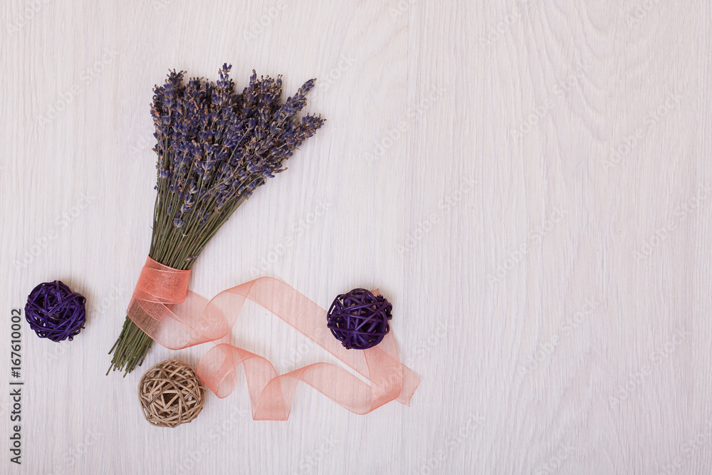 Lavender desk design with flowers on background top view mock up Stock ...