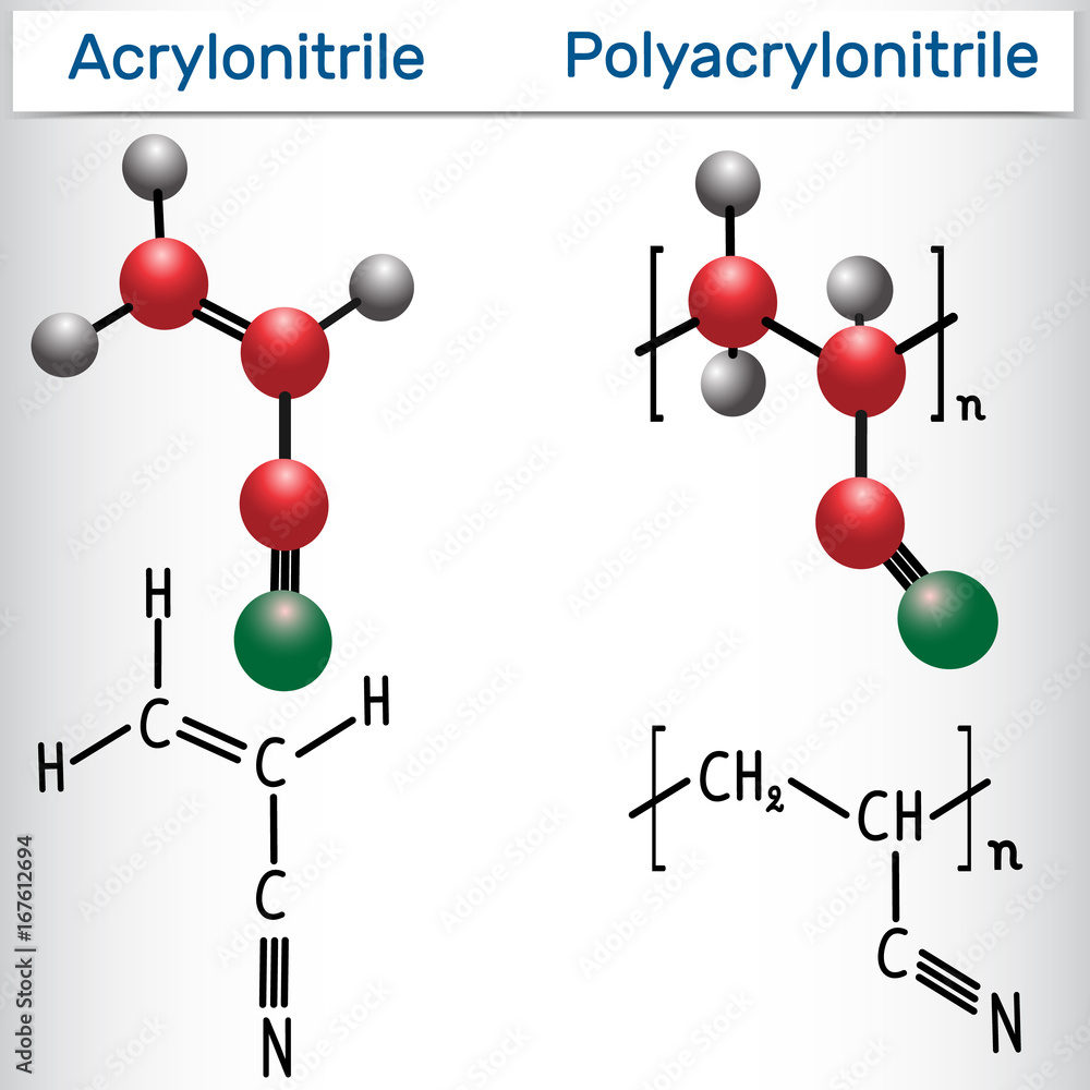 Acrylonitrile and polyacrylonitrile (PAN) polymer molecule - structural ...
