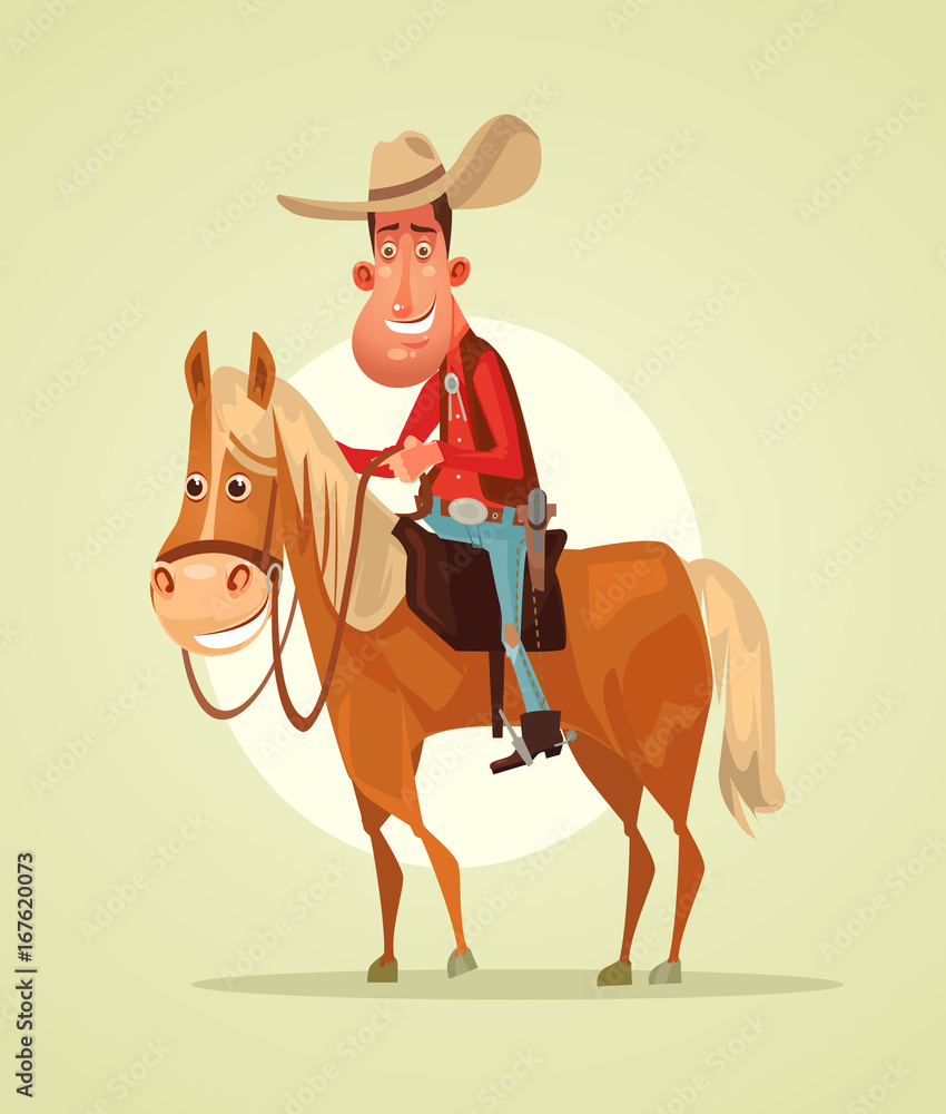 Happy smiling cowboy sheriff character ride horse. Vector flat cartoon ...
