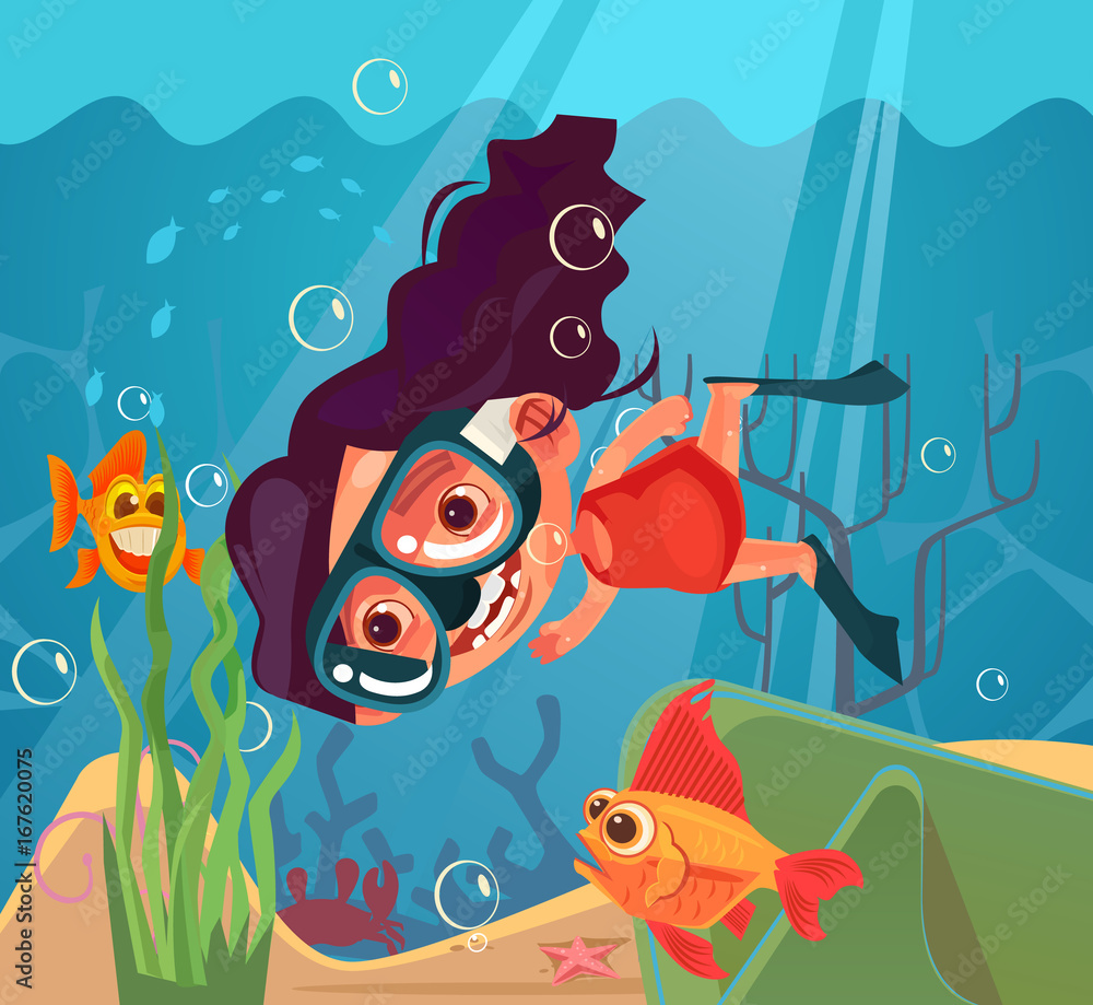 Happy smiling girl character scuba diving. Vector flat cartoon ...