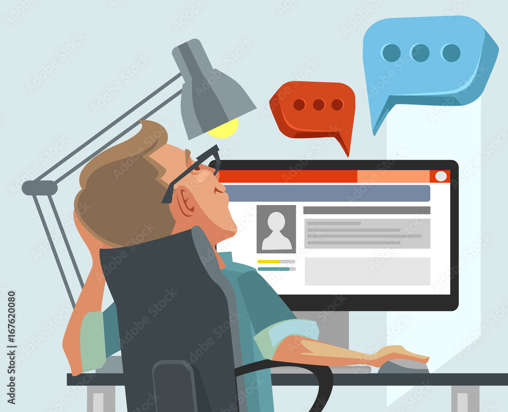 Happy smiling user man character communicates on Internet. Vector flat ...