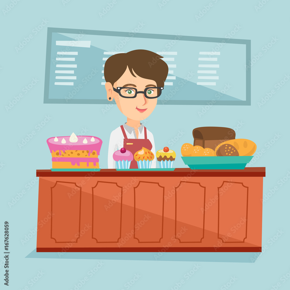 Young caucasian worker of the bakery offering pastry. Smiling ...