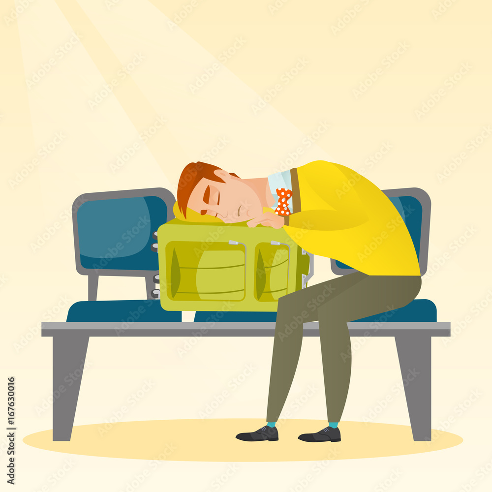 Tired caucasian passenger sleeping on suitcase at the airport. Young ...