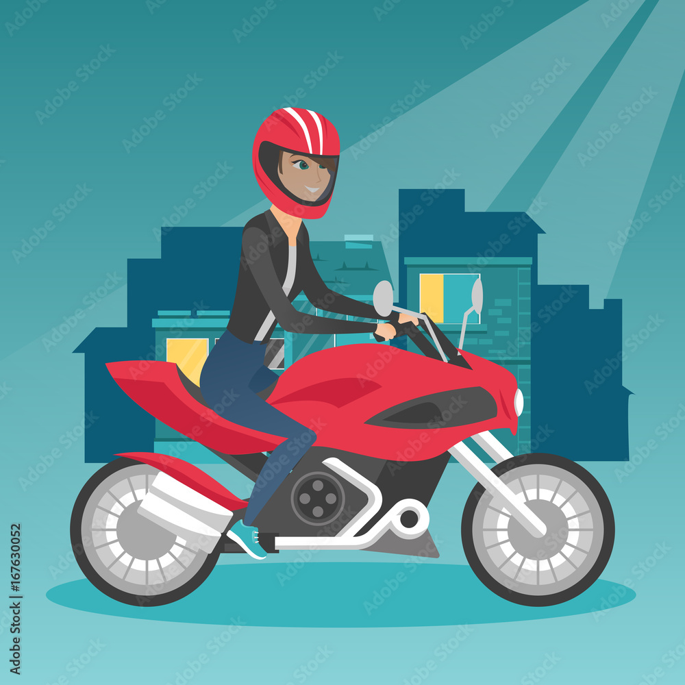 Young happy caucasian woman in helmet riding a motorcycle on the ...