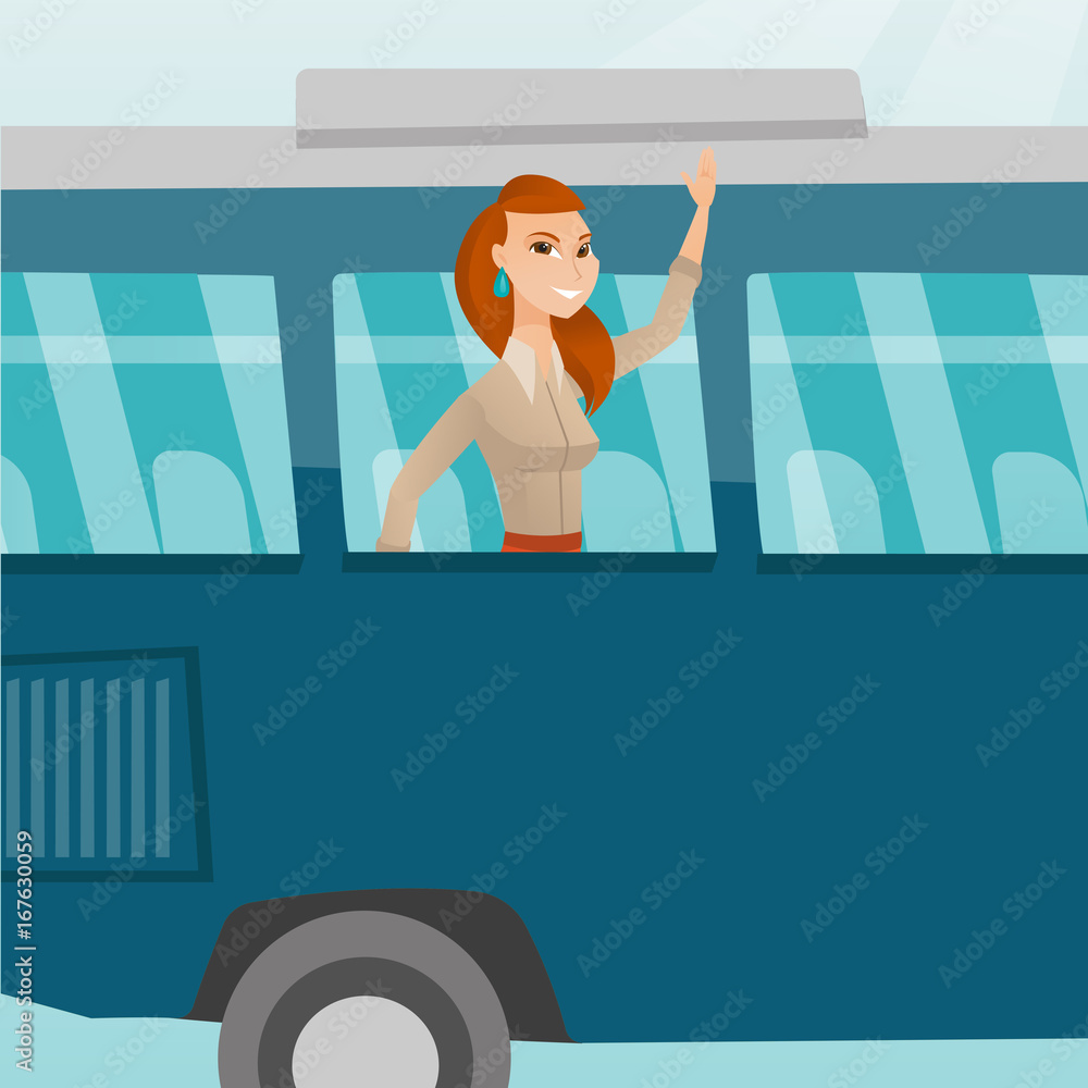 Young caucasian woman enjoying her trip by bus. Happy passenger waving ...