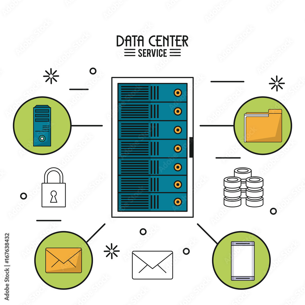 colorful poster of data center service with rack server and icons ...