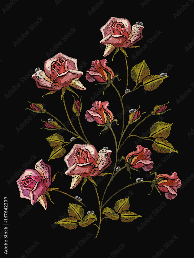 Embroidery beautiful roses, classical embroidery rose flowers with dew ...