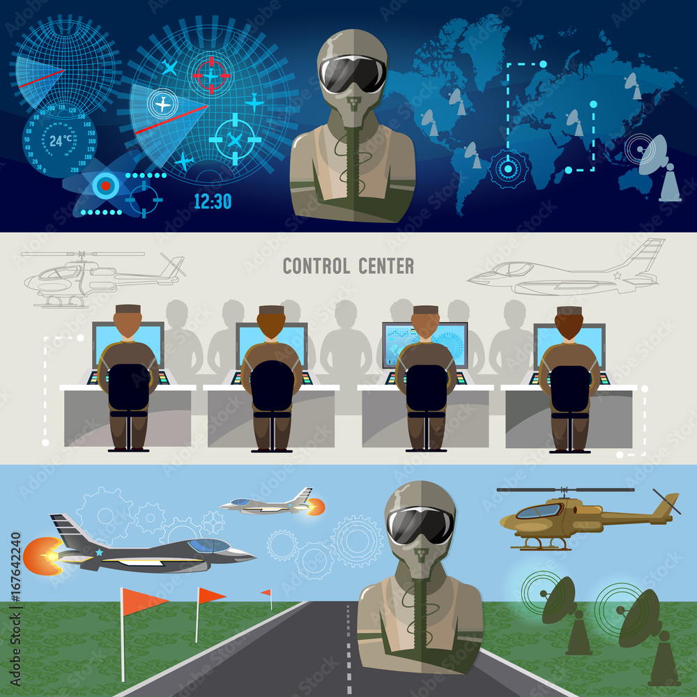 Modern military center radar screen with planes. Army air force banner ...