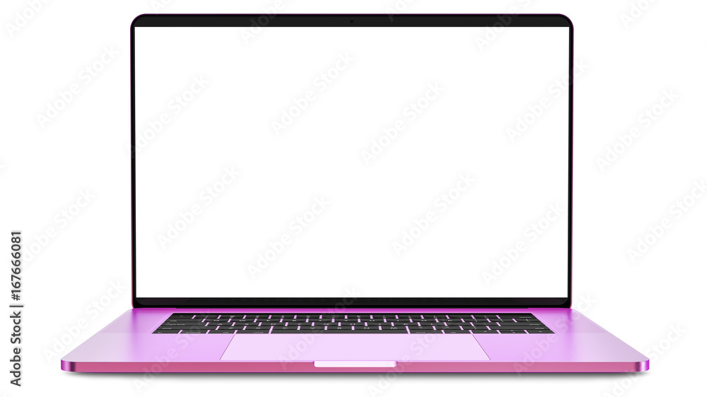 Pink laptop with blank screen isolated on white background. Whole in ...