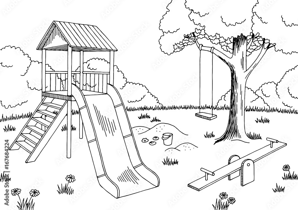 Playground graphic black white landscape sketch illustration vector ...