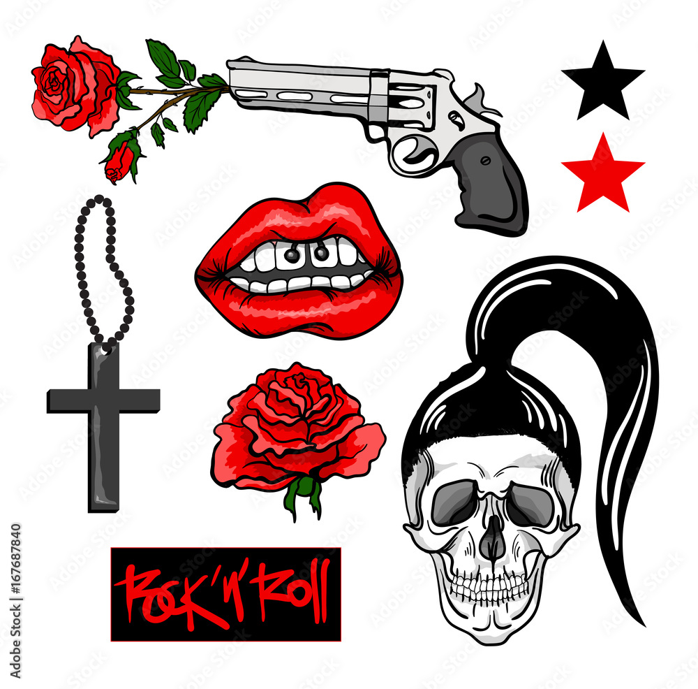 Fashion patch badges with lips, skull,cross, rose, gun and other ...