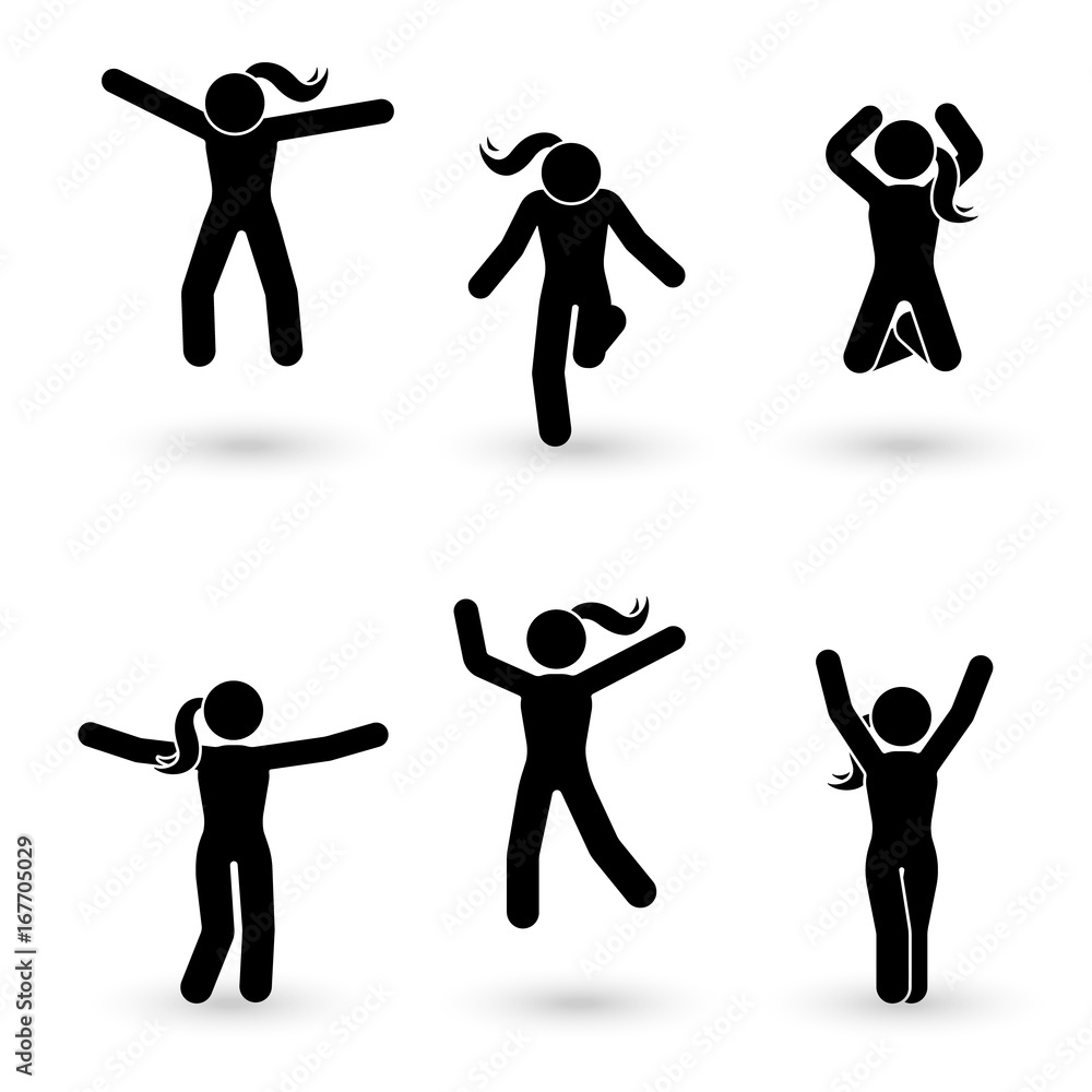 Stick figure happiness, freedom, jumping, motion set. Vector ...