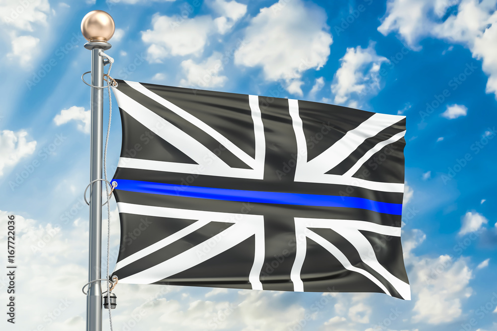Thin Blue Line. Black Flag of United Kingdom with Police Blue Line, 3D ...