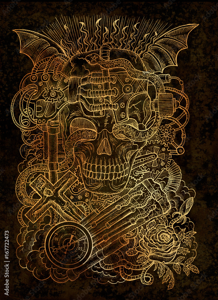 Mystic illustration with scary skull, steampunk and gothic symbols as ...