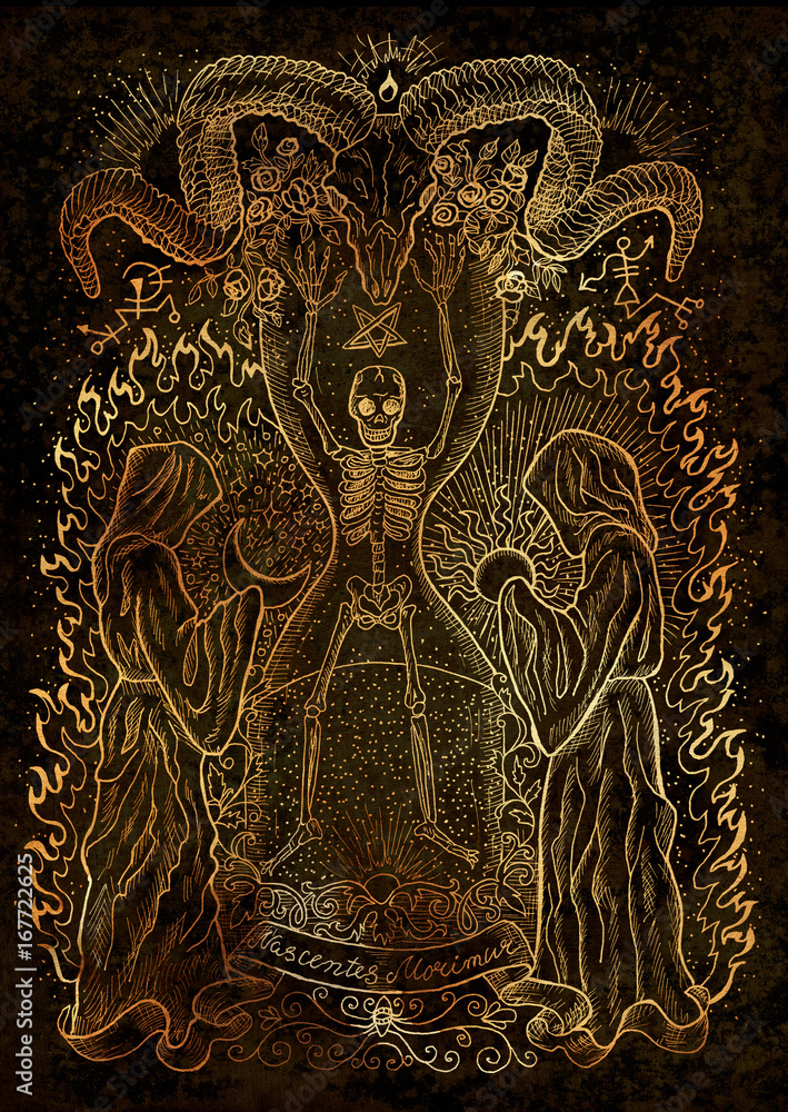 Mystic and esoteric illustration with human skeleton, monks, devils ...